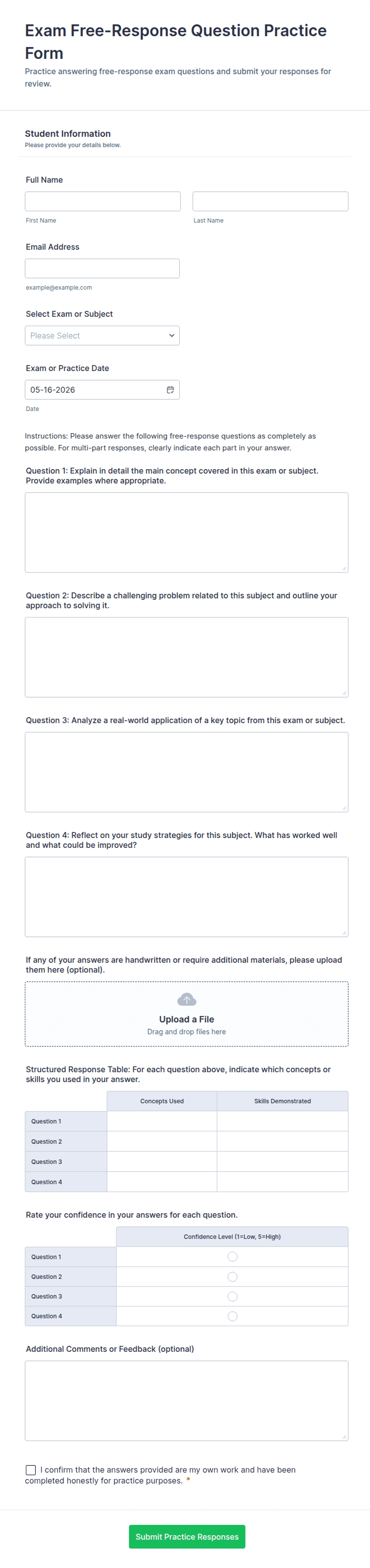 Exam Free-Response Question Practice Form Template | Jotform