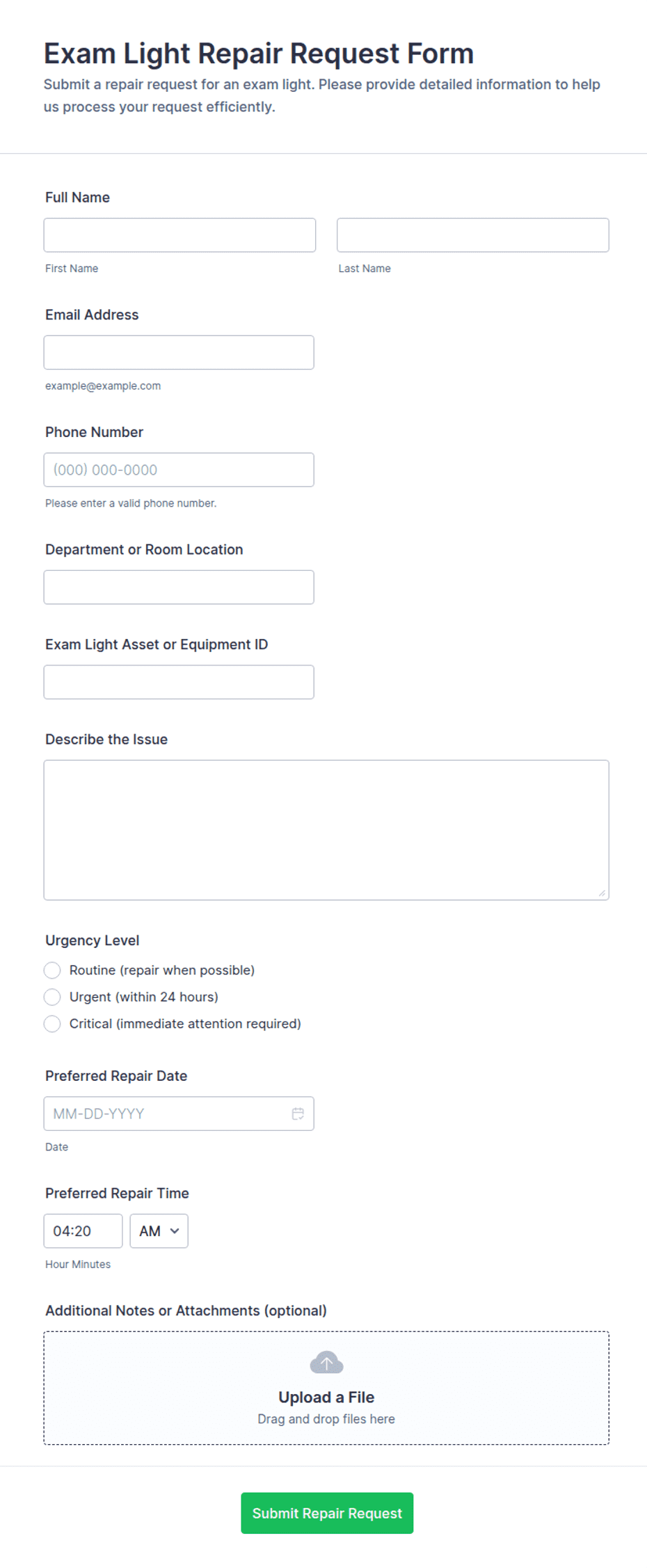 Exam Light Repair Request Form Template | Jotform