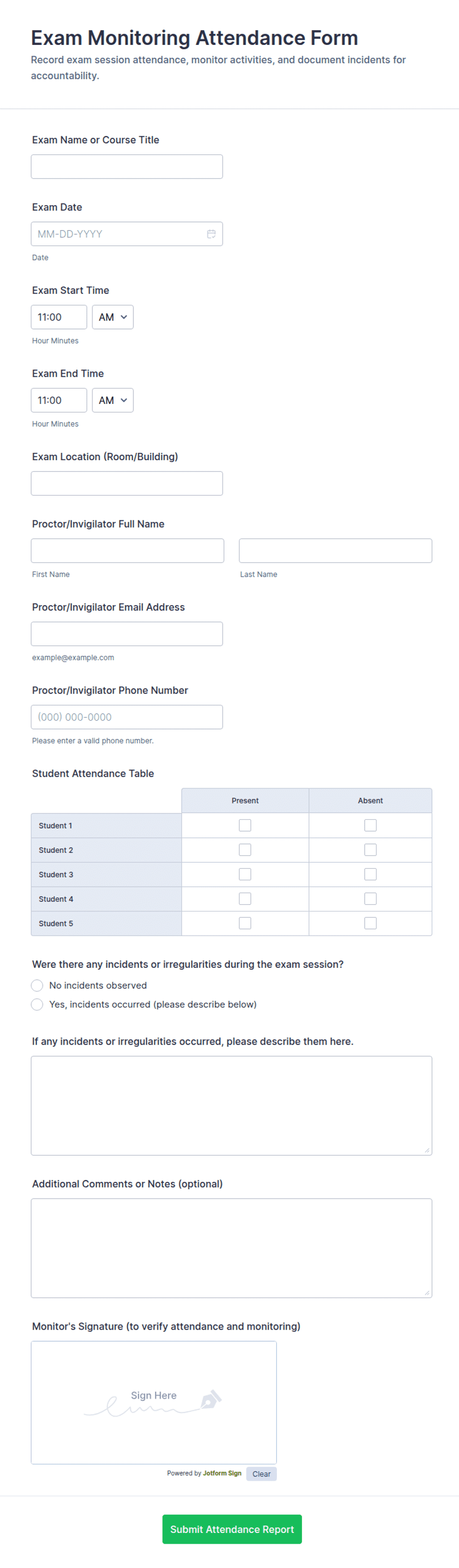 Exam Monitoring Attendance Form Template | Jotform