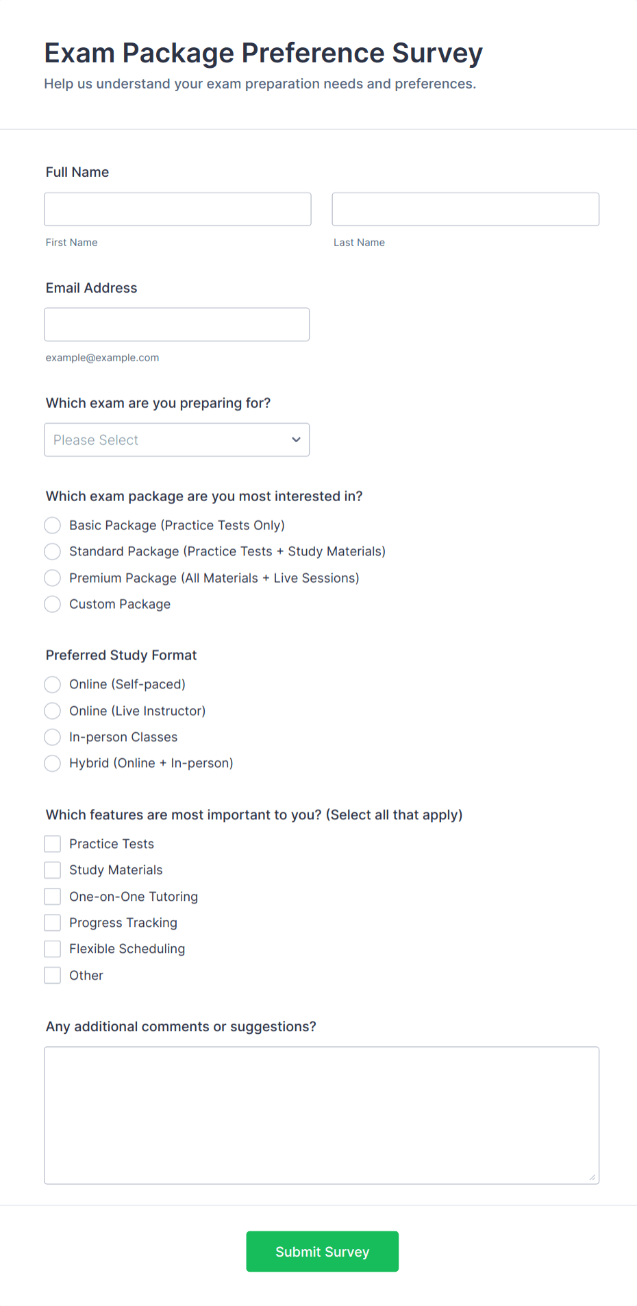 Exam Package Preference Survey Form Template | Jotform