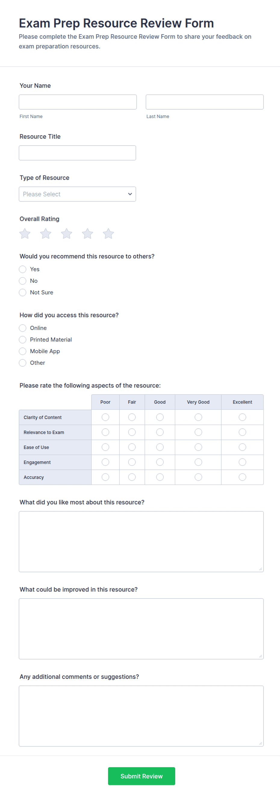 Exam Prep Resource Review Form Template | Jotform