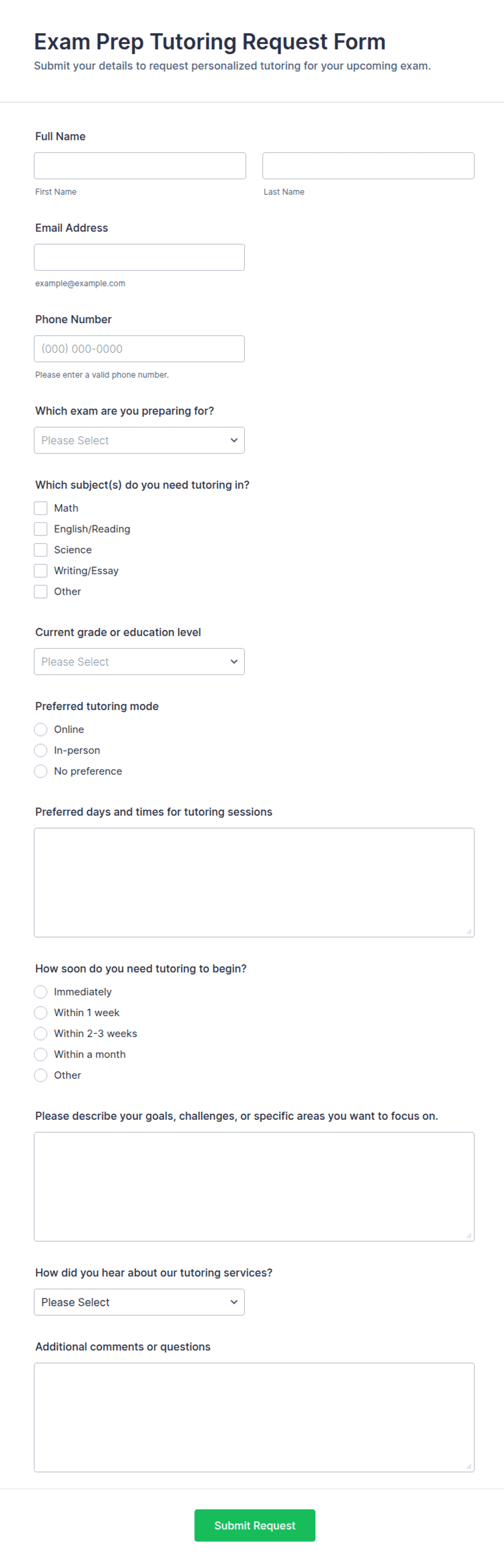 Exam Prep Tutoring Request Form Template | Jotform