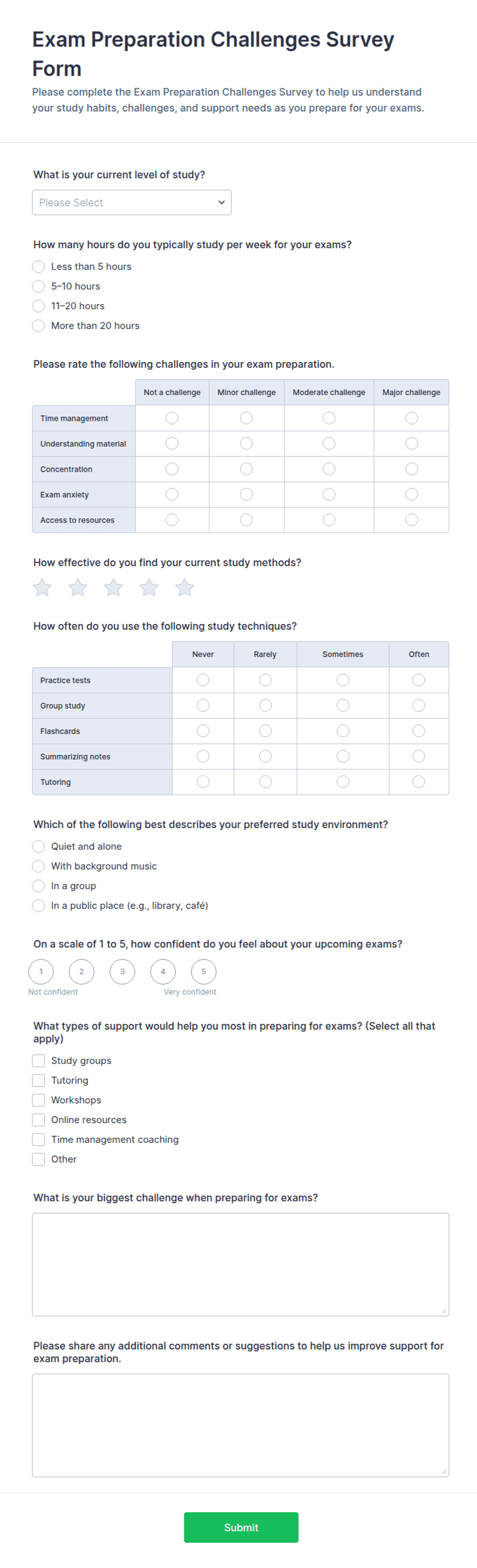 Exam Preparation Challenges Survey Form Template | Jotform