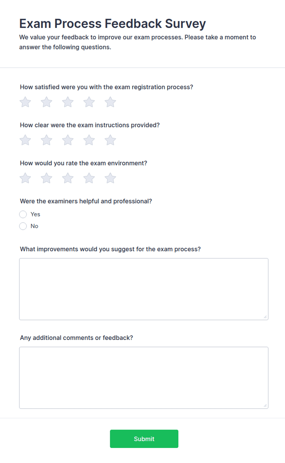 Exam Process Feedback Survey Form Template | Jotform