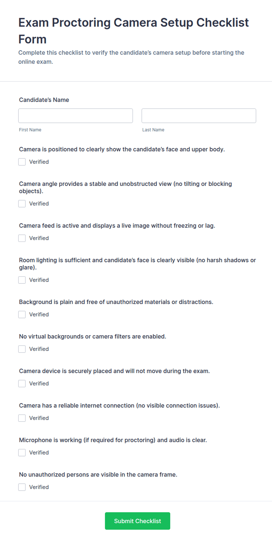 Exam Proctoring Camera Setup Checklist Form Template | Jotform
