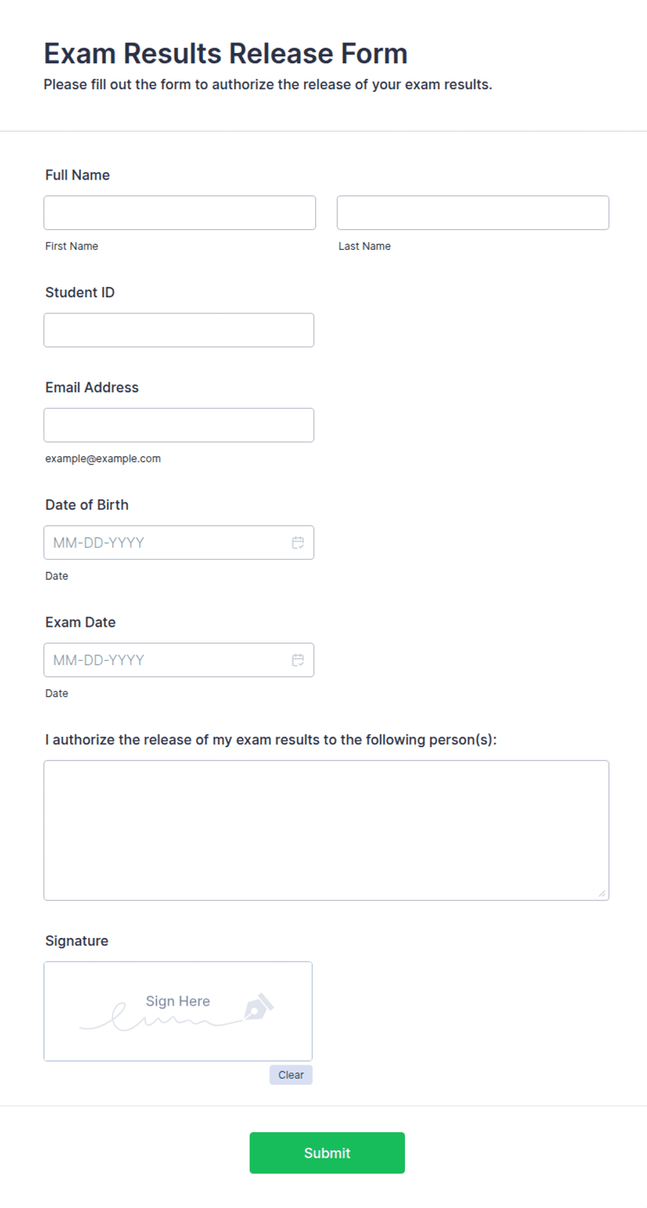 Exam Results Release Form Template | Jotform