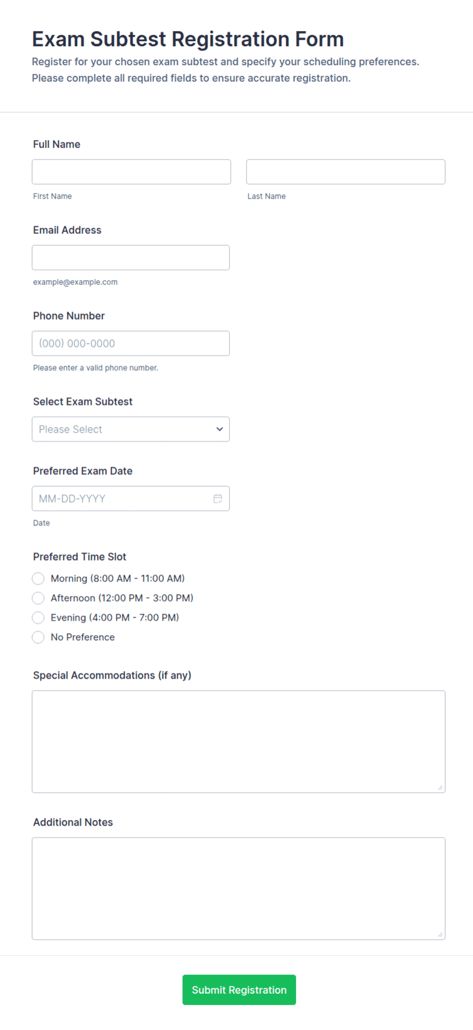 Exam Subtest Registration Form Template | Jotform