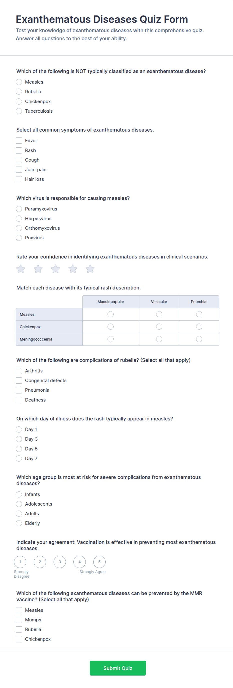 Exanthematous Diseases Quiz Form Template | Jotform