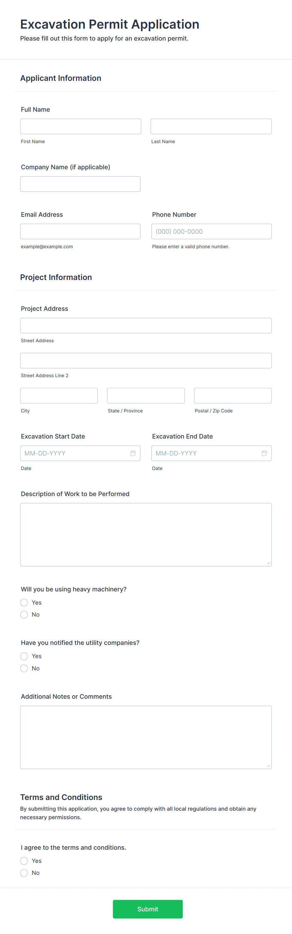 Excavation Permit Form Template | Jotform