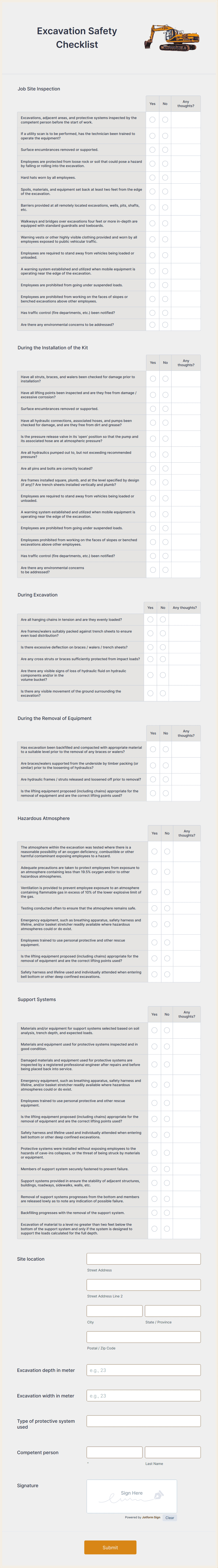 Excavation Safety Checklist Form Template | Jotform