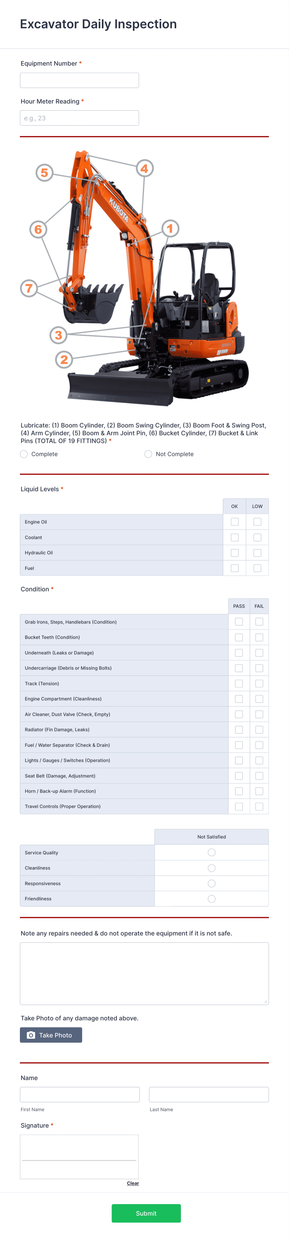 Excavator Daily Inspection Form Template | Jotform