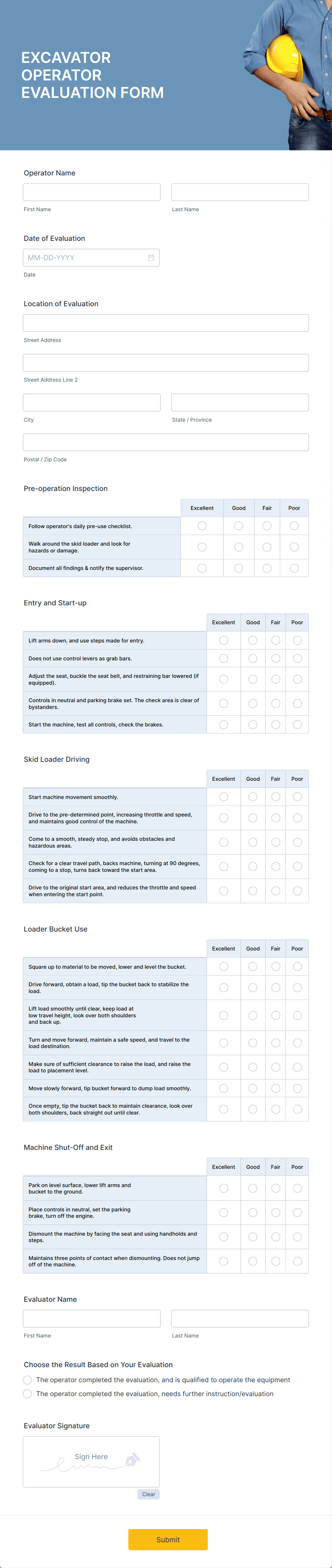 Excavator Operator Evaluation Form Template | Jotform
