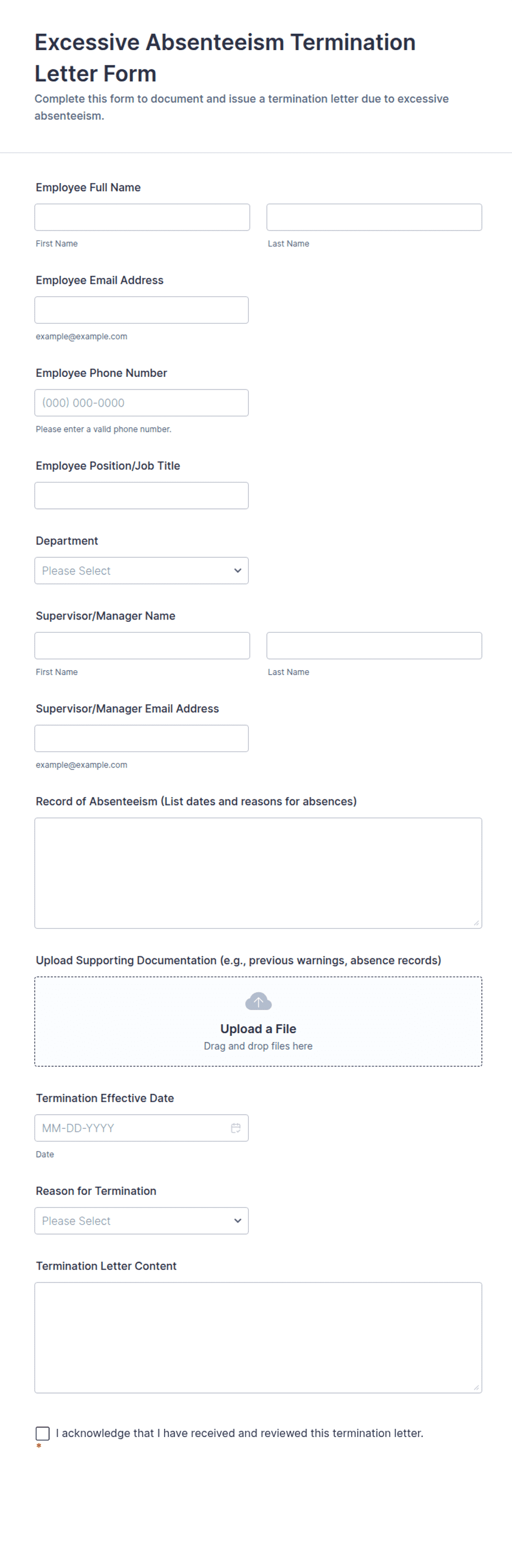 Excessive Absenteeism Termination Letter Form Template | Jotform