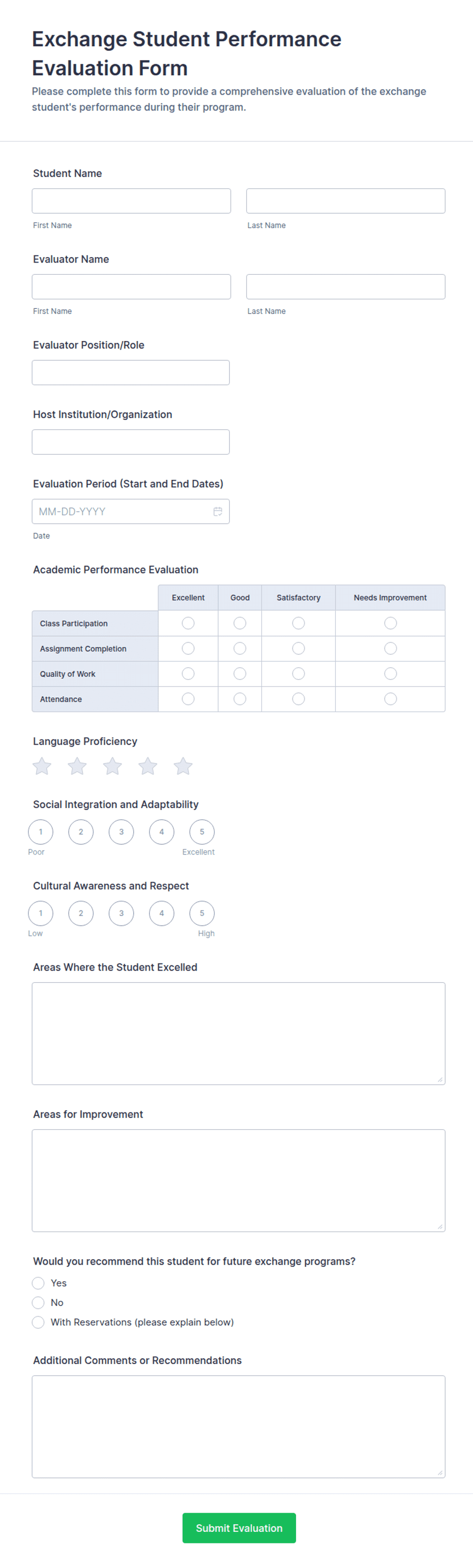 Exchange Student Performance Evaluation Form Template | Jotform