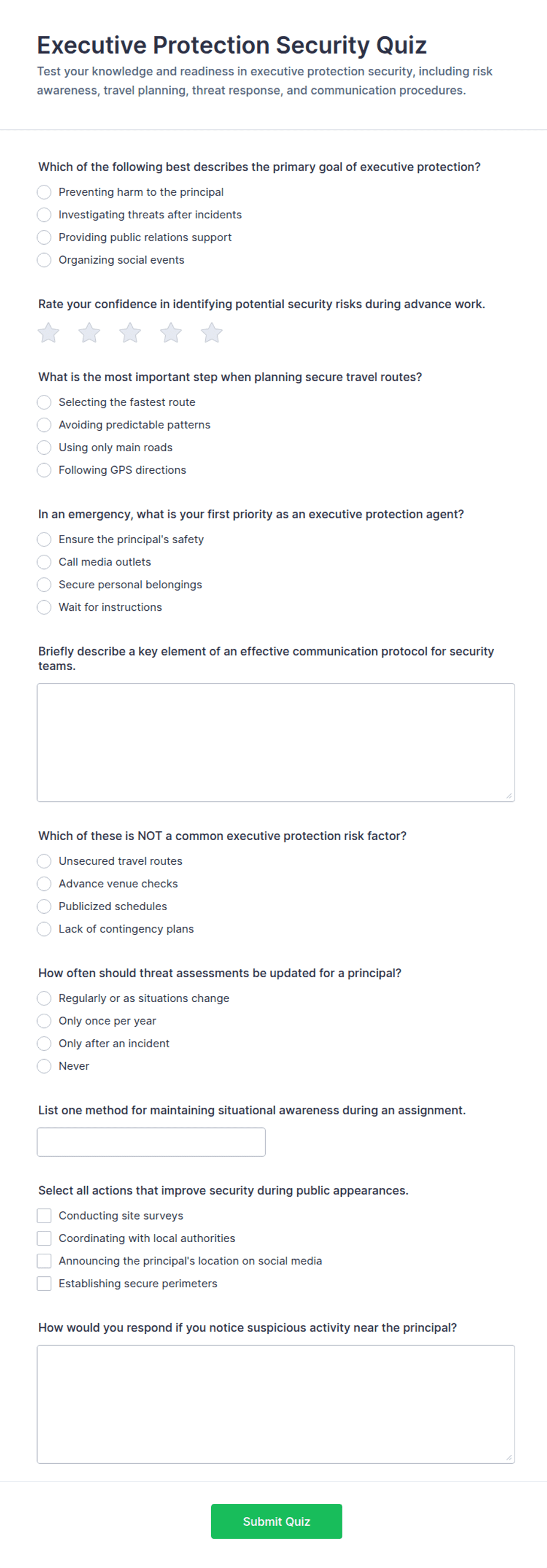 Executive Protection Security Quiz Form Template | Jotform