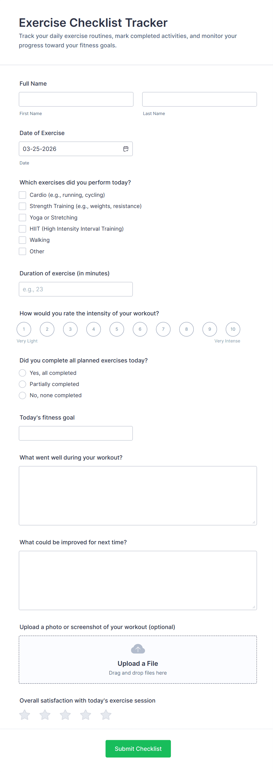 Exercise Checklist Tracker Form Template | Jotform