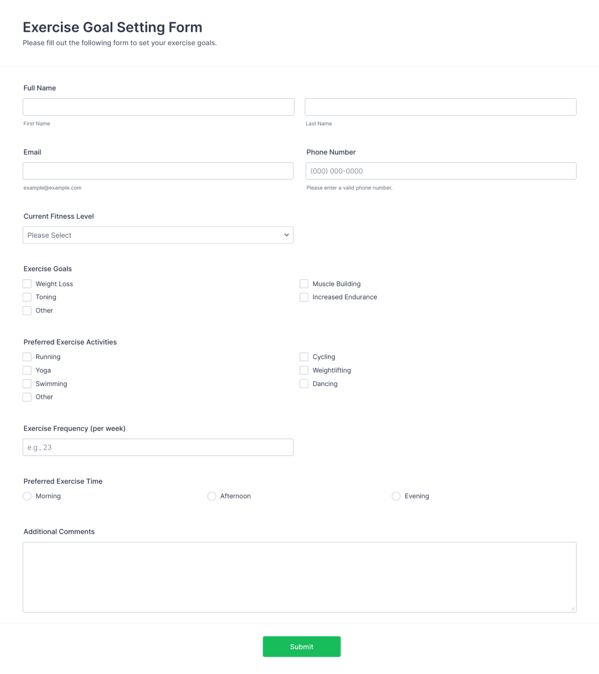 Exercise Goal Setting Form Template | Jotform