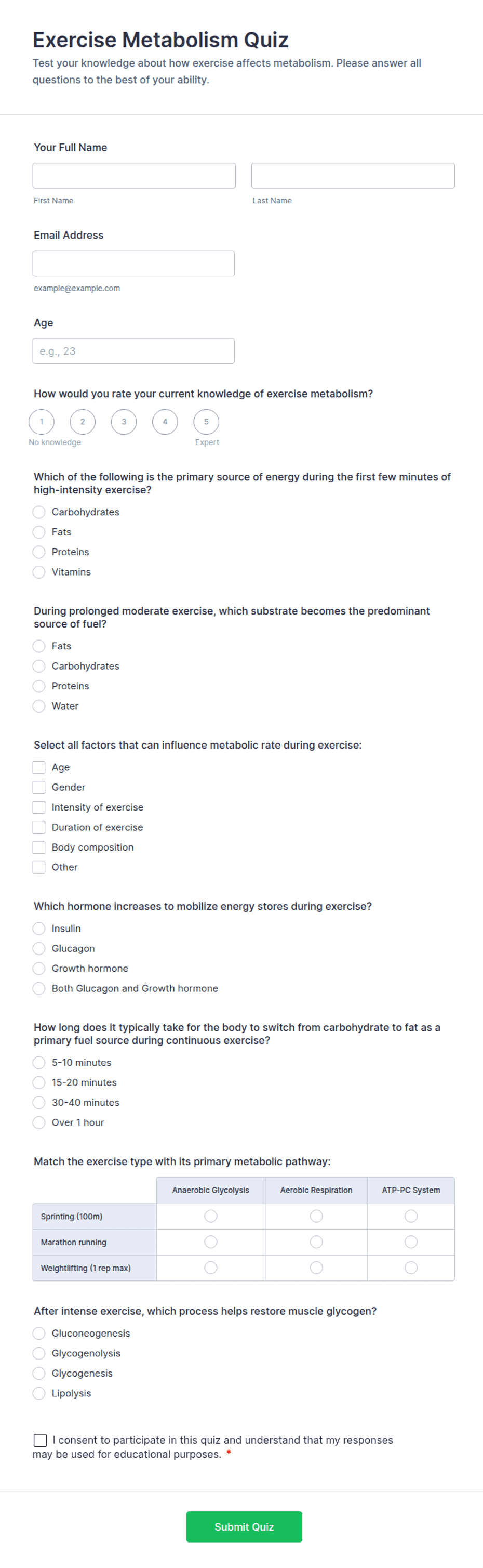 Exercise Metabolism Quiz Form Template | Jotform
