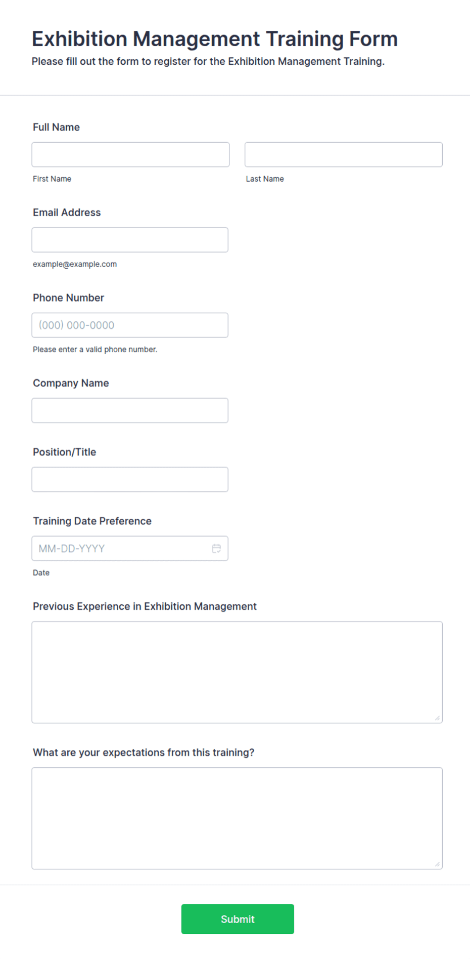 Exhibition Management Training Form Template | Jotform