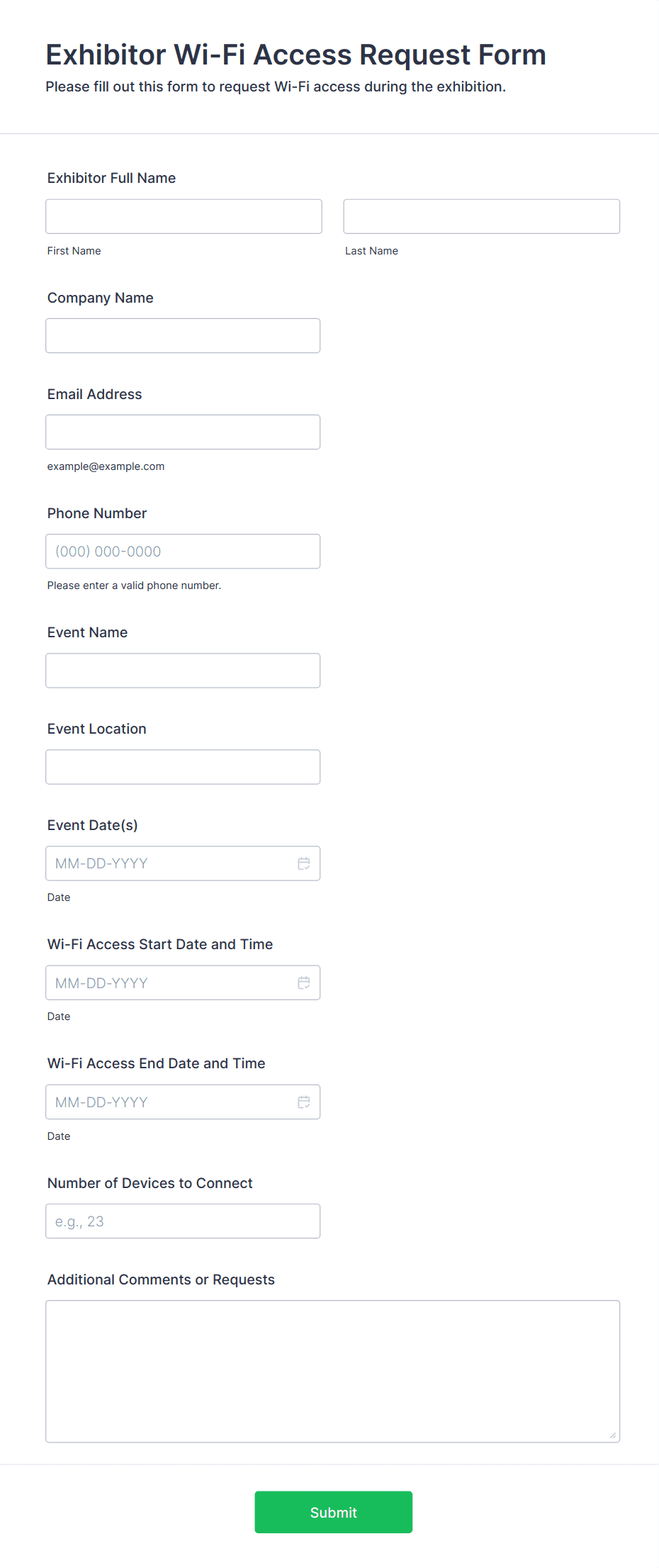 Exhibitor Wi-Fi Access Request Form Template | Jotform