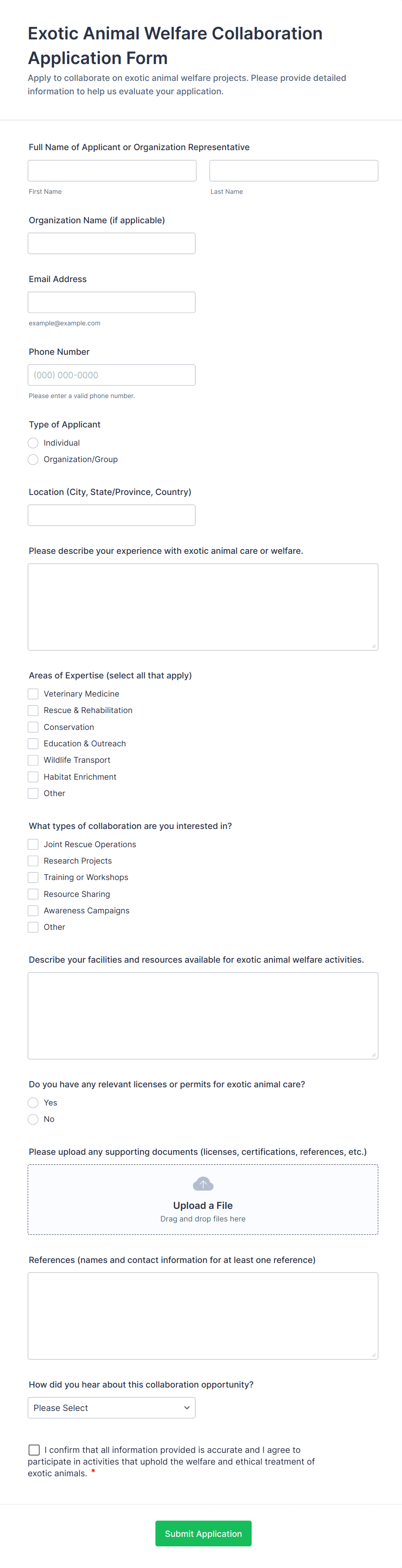 Exotic Animal Welfare Collaboration Application Form Template | Jotform