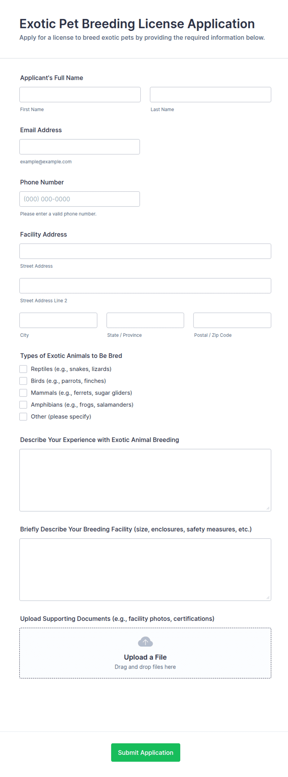 Exotic Pet Breeding License Application Form Template | Jotform