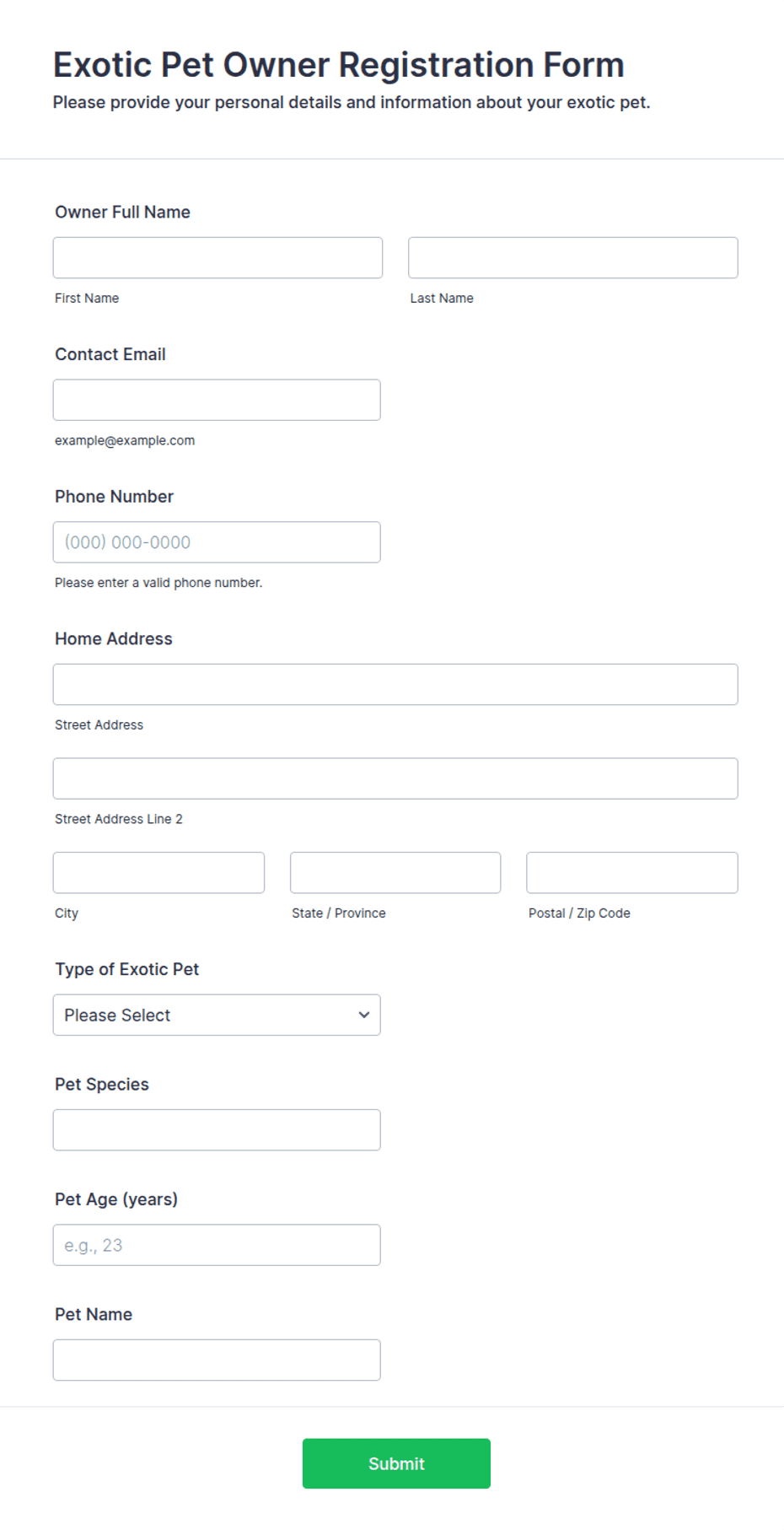 Exotic Pet Owner Registration Form Template | Jotform
