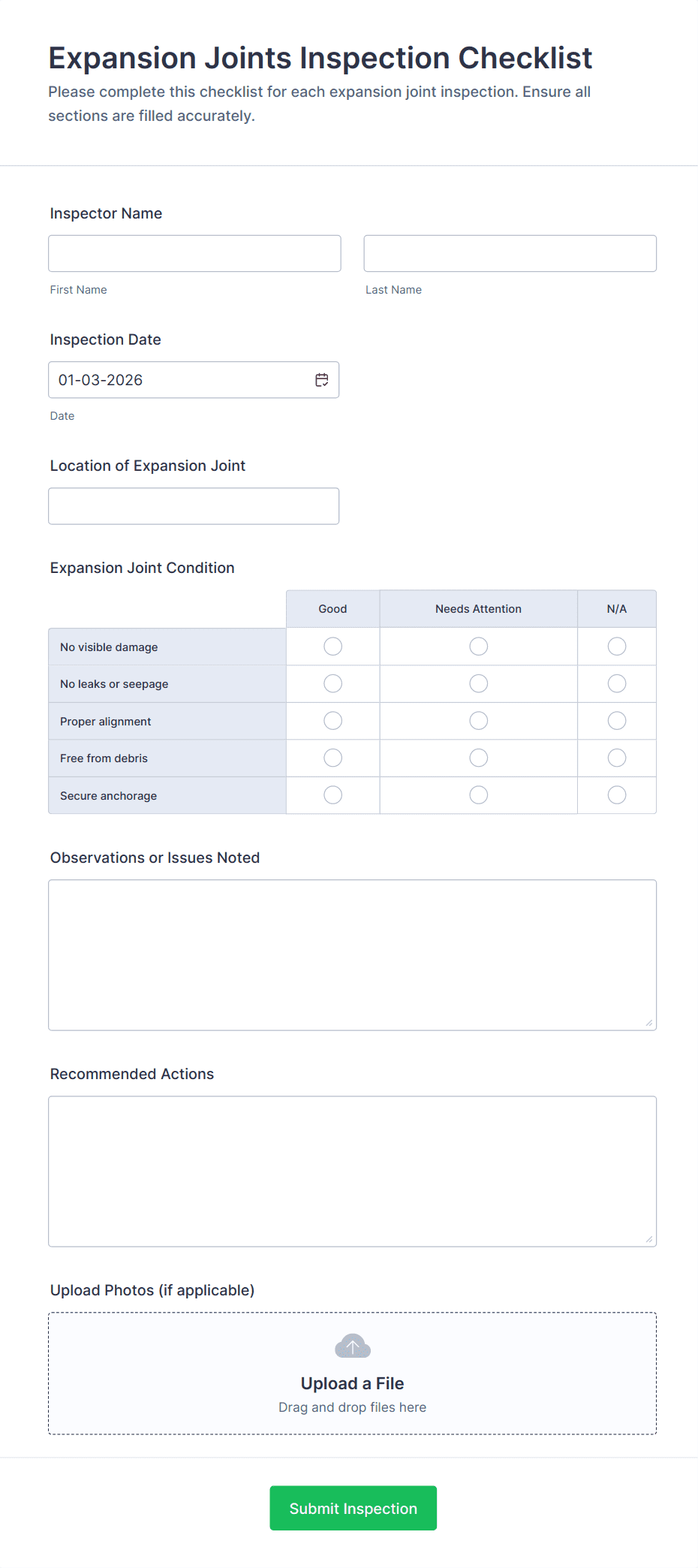Expansion Joints Inspection Checklist Form Template | Jotform