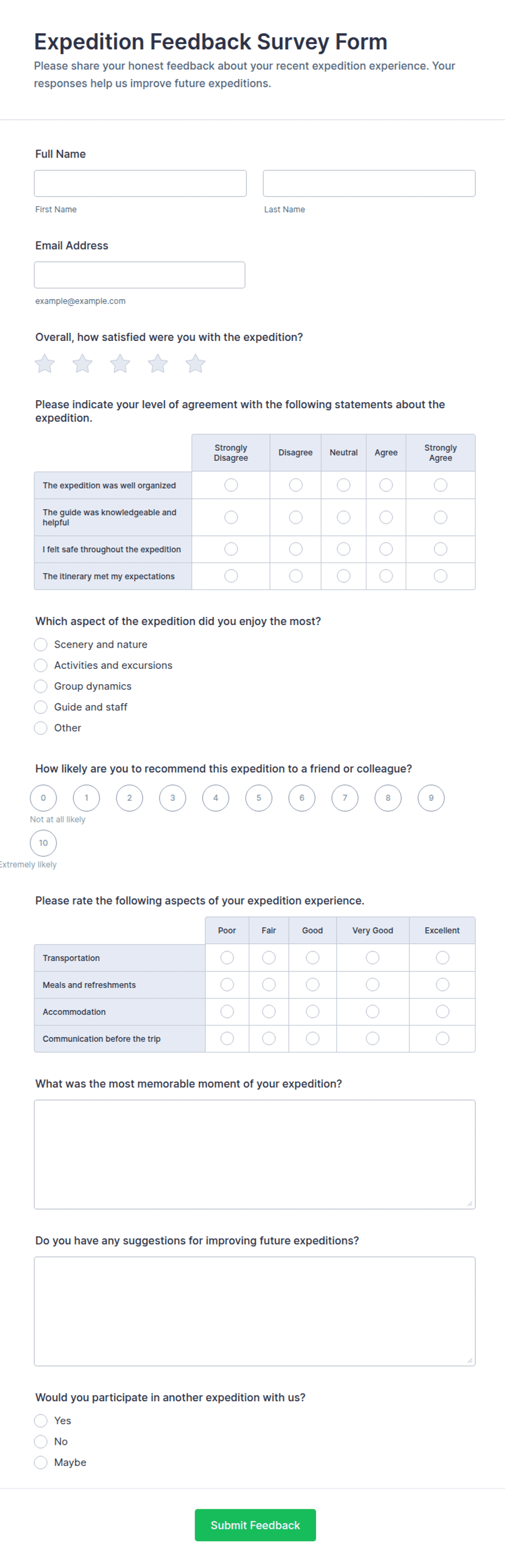 Expedition Feedback Survey Form Template | Jotform