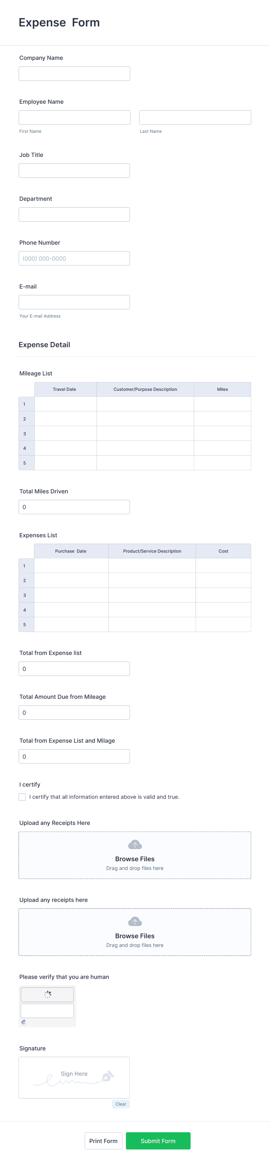 Expense Reimbursement Form with Calculations Form Template | Jotform
