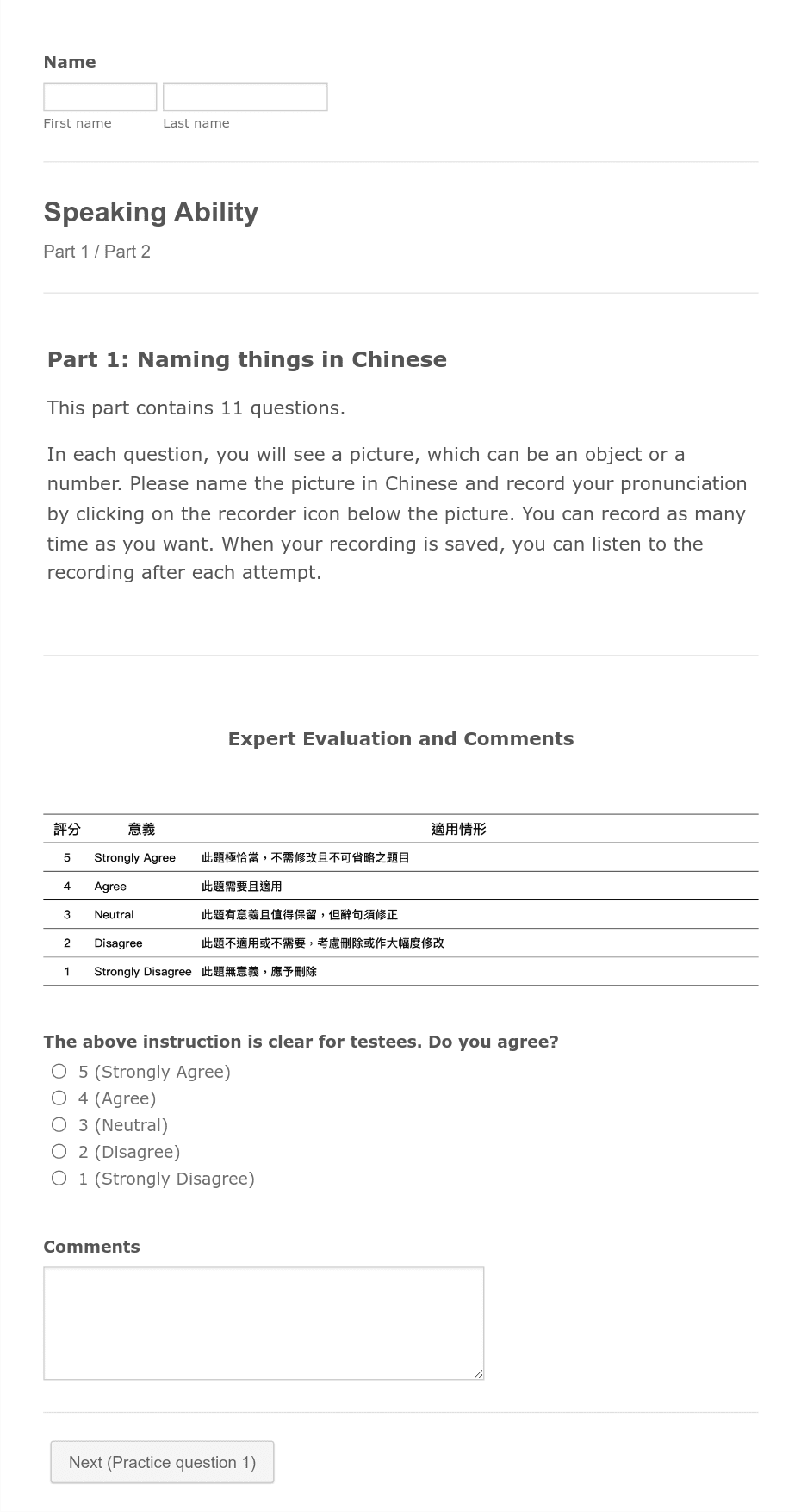 Expert Validity Survey for Chinese Classifier Examination (S) Form ...