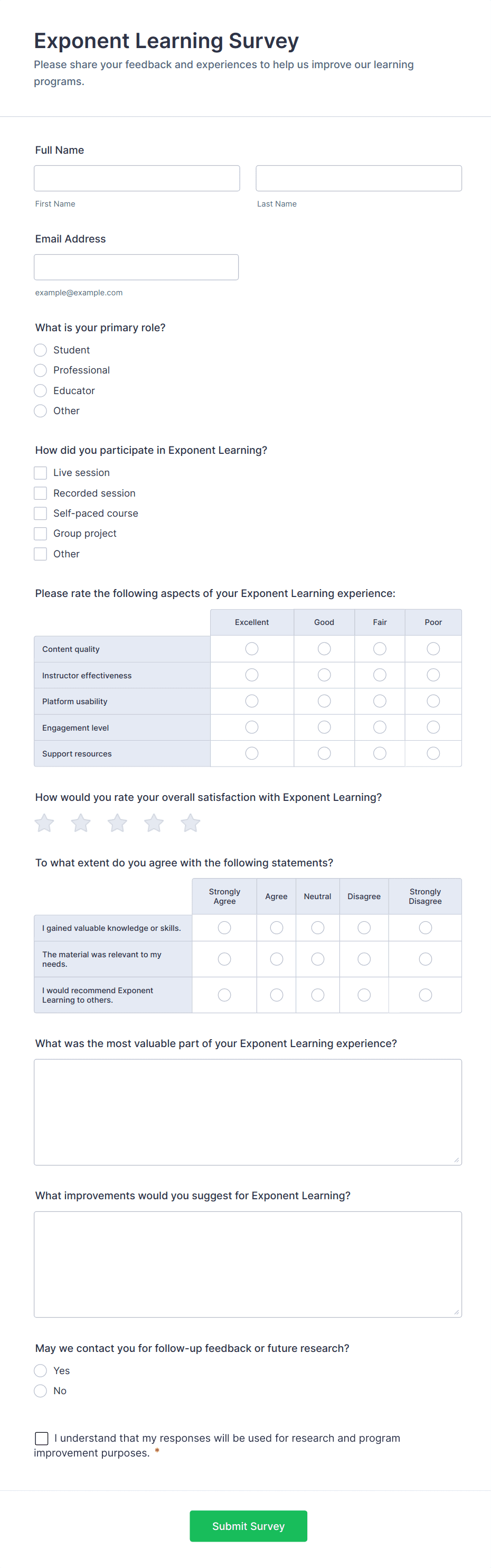 Exponent Learning Survey Form Template | Jotform