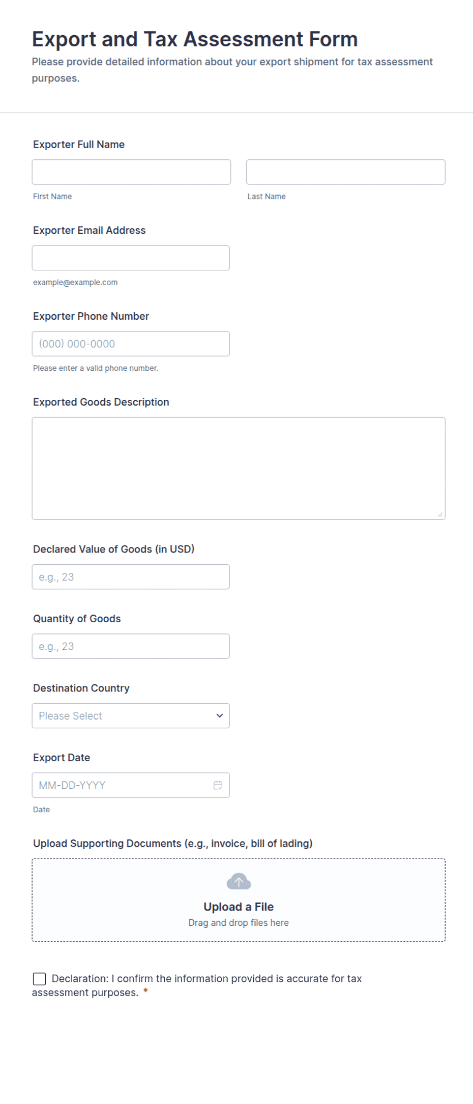 Export and Tax Assessment Form Template | Jotform