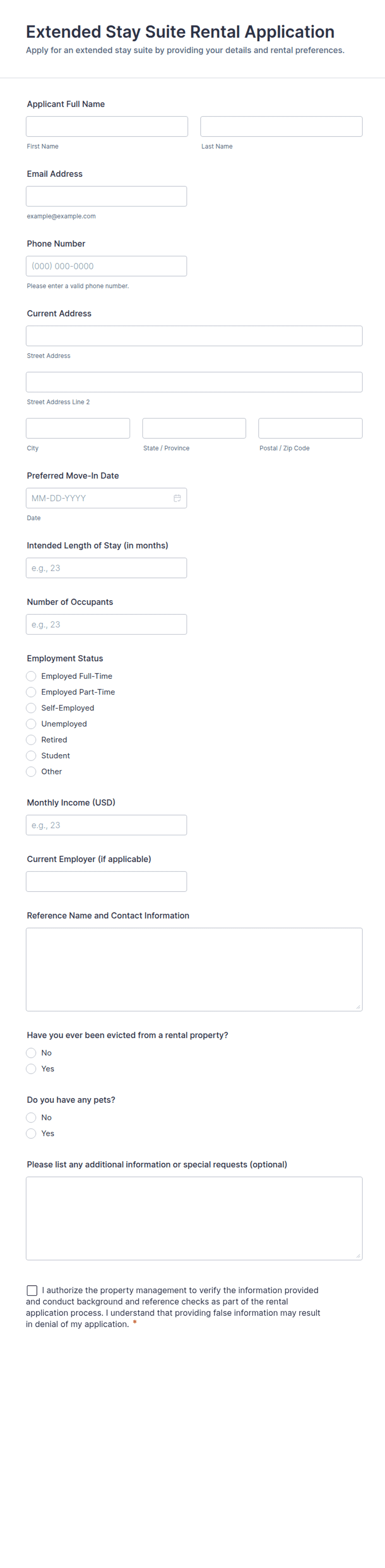 Extended Stay Suite Rental Application Form Template | Jotform