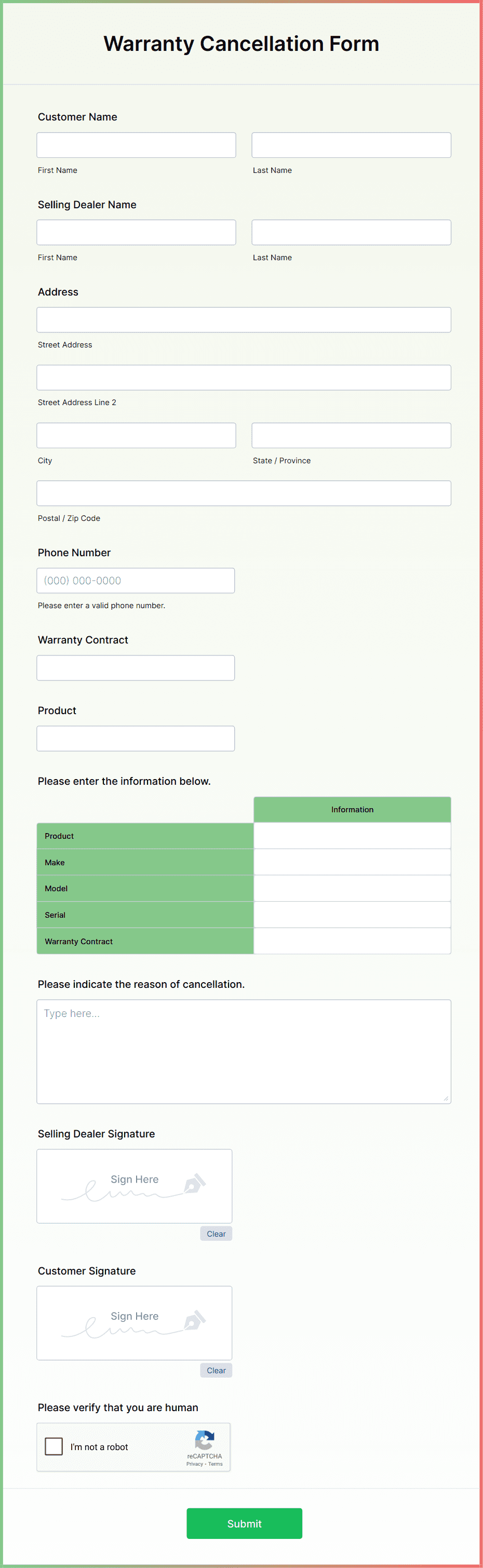 Extended Warranty Cancellation Form Template | Jotform
