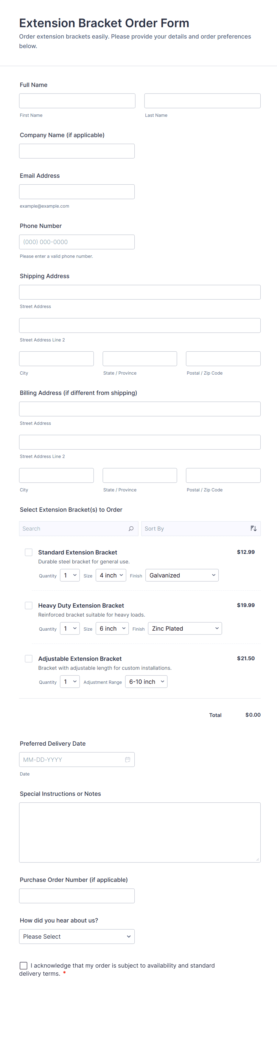 Extension Bracket Order Form Template | Jotform