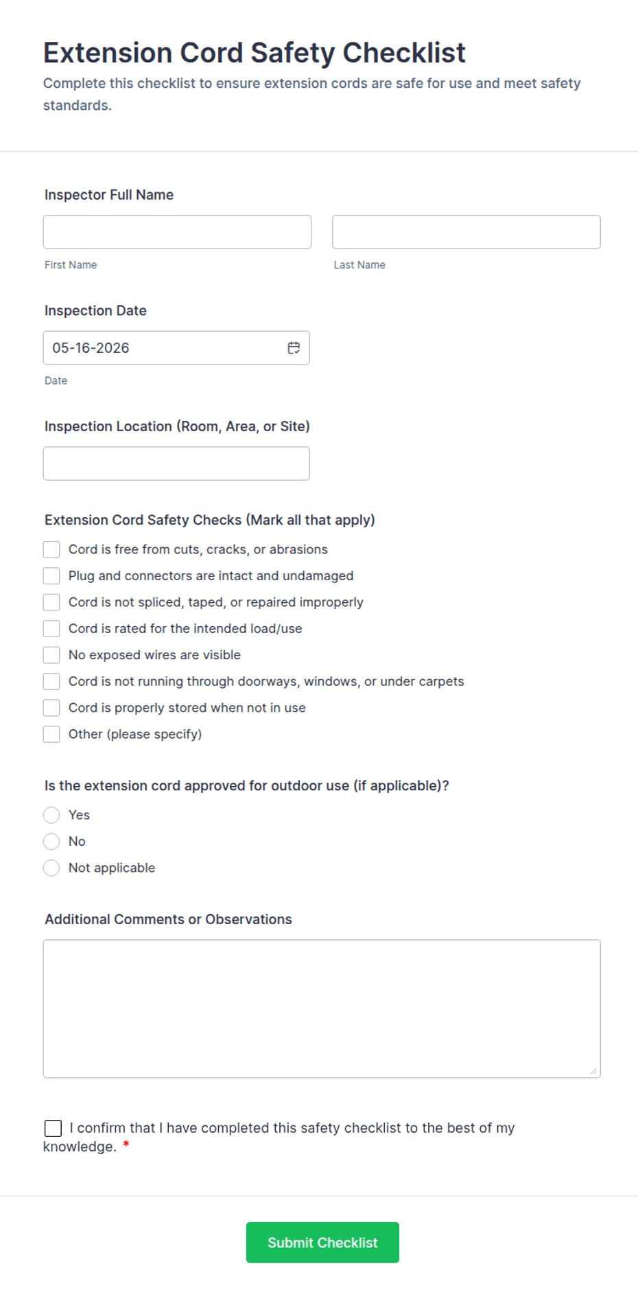 Extension Cord Safety Checklist Form Template | Jotform