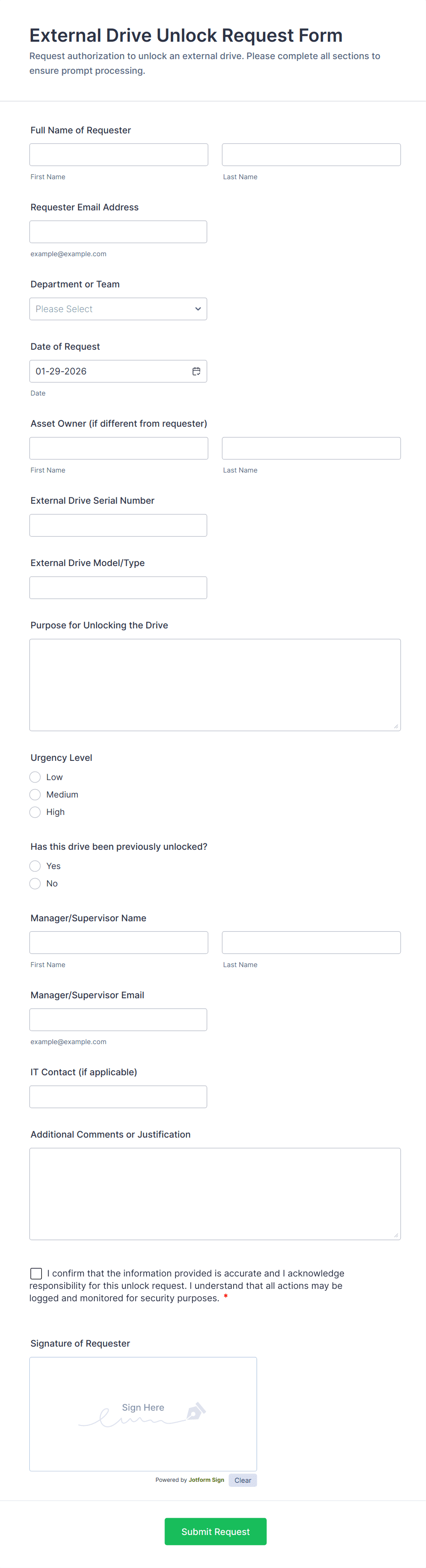 External Drive Unlock Request Form Template | Jotform