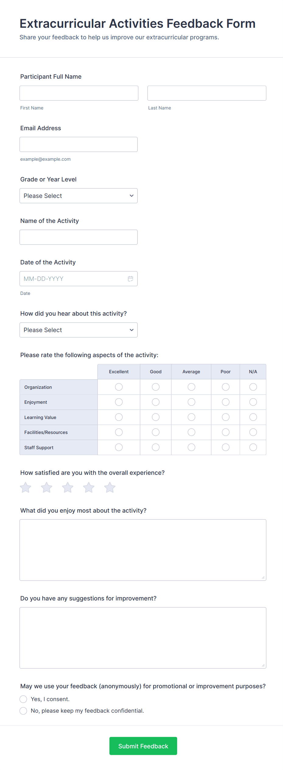 Extracurricular Activities Feedback Form Template | Jotform