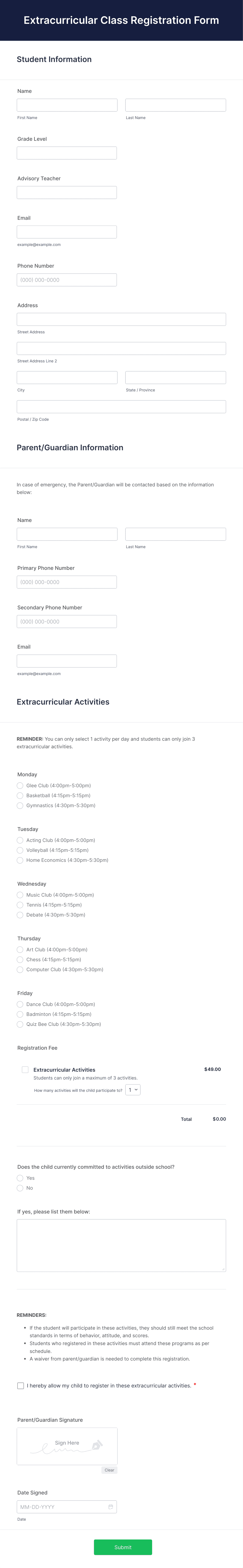 Extracurricular Class Registration Form Template | Jotform