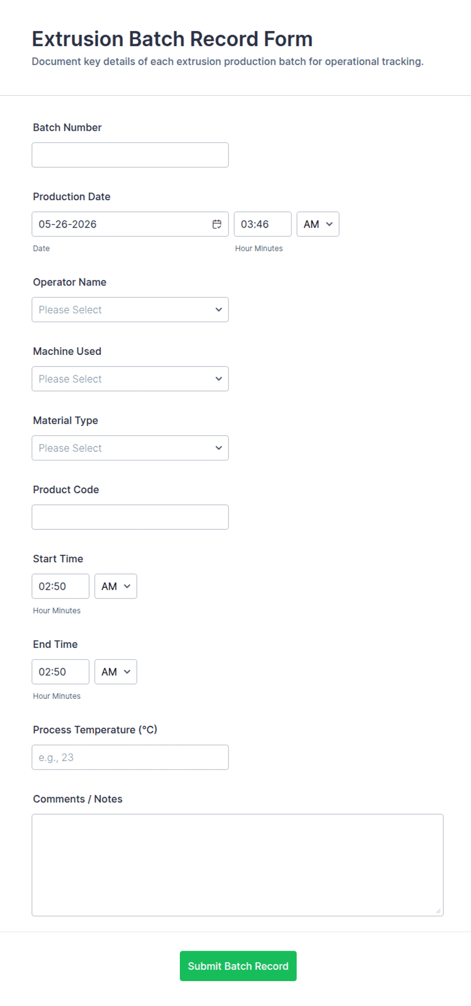 Extrusion Batch Record Form Template | Jotform