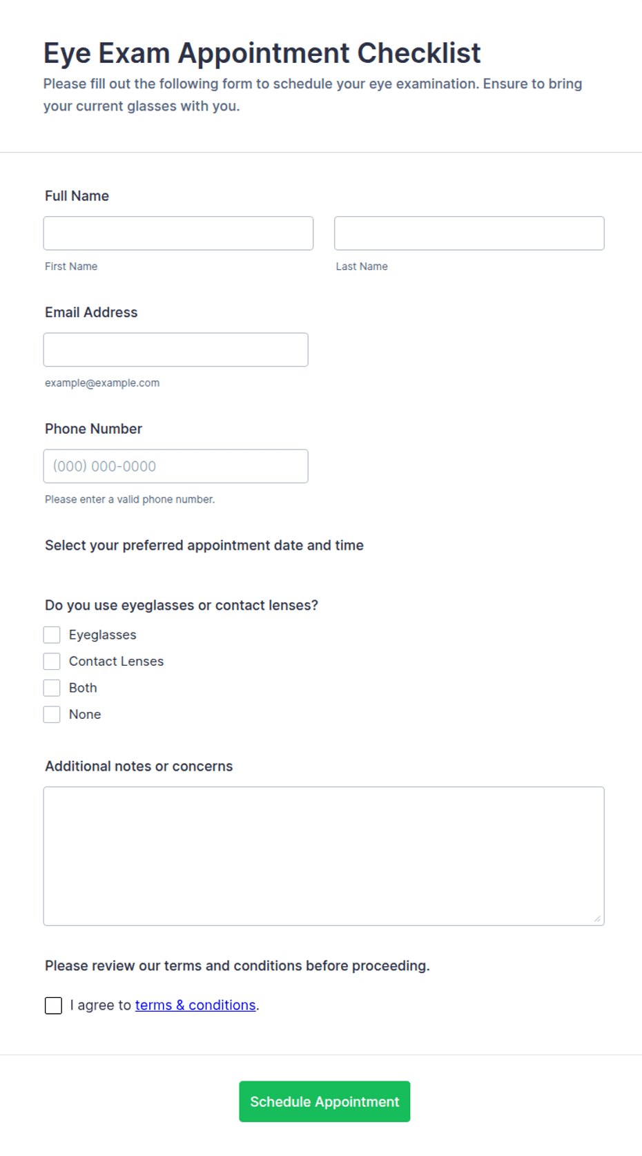 Eye Exam Appointment Checklist Form Template | Jotform