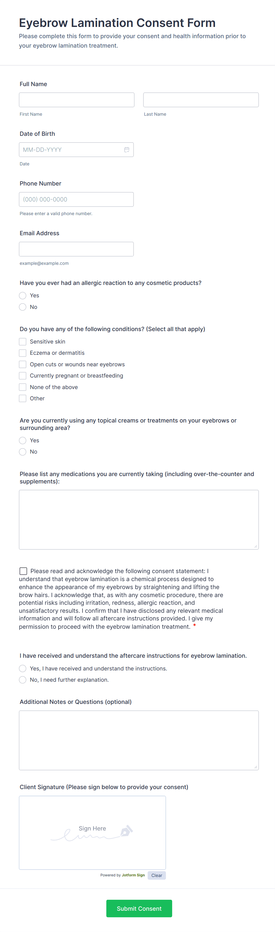 Eyebrow Lamination Consent Form Template | Jotform