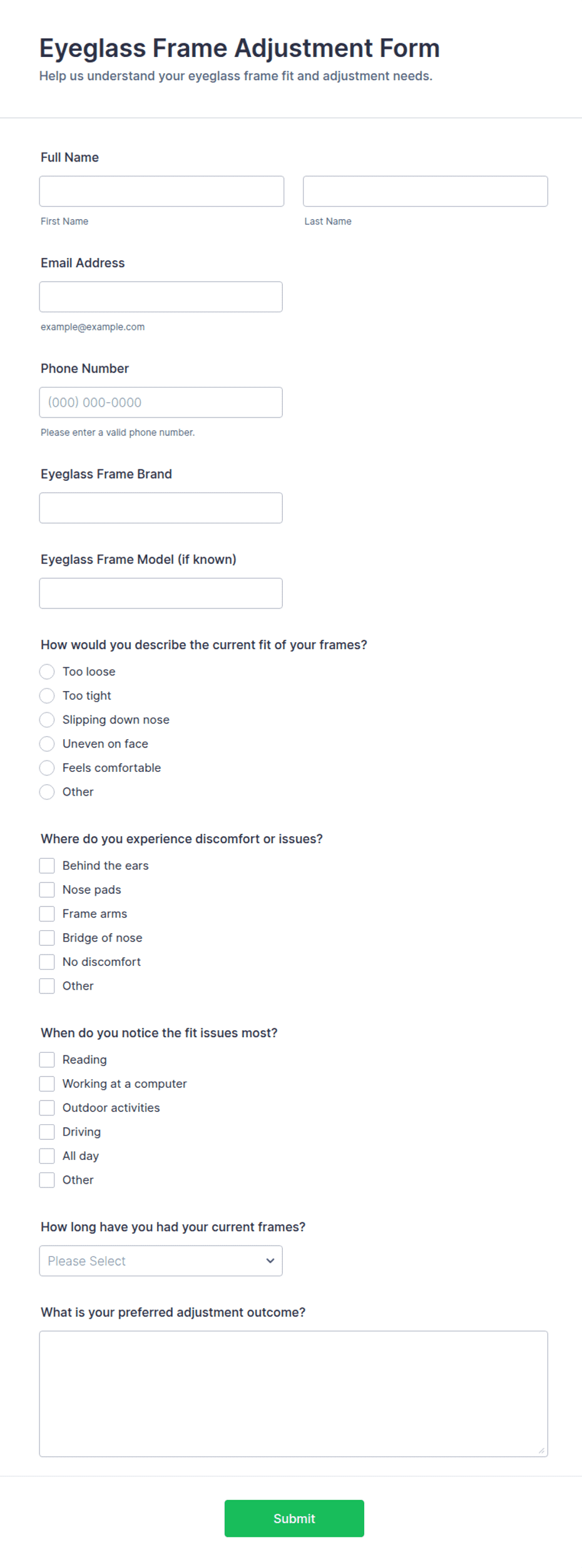 Eyeglass Frame Adjustment Form Template | Jotform