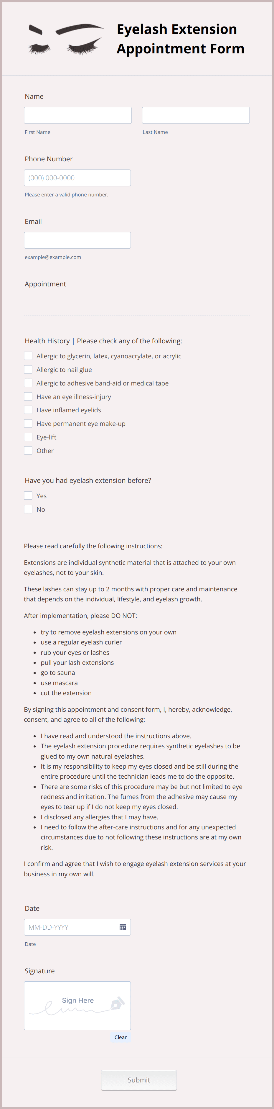 Eyelash Extension Appointment Form Template | Jotform