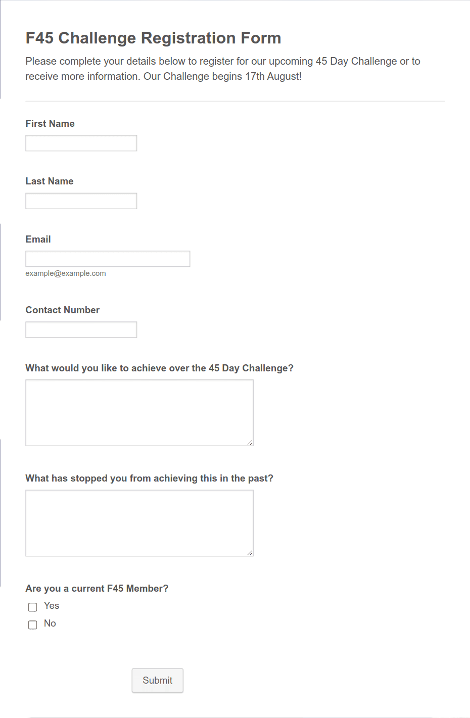 F45 Challenge Registration Form Template | Jotform