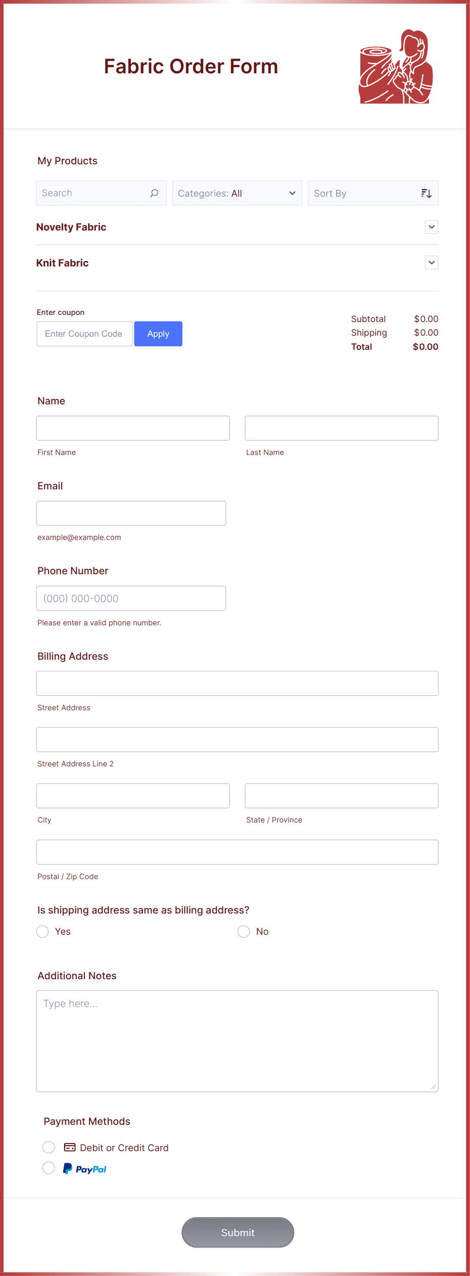 Fabric Order Form Template | Jotform