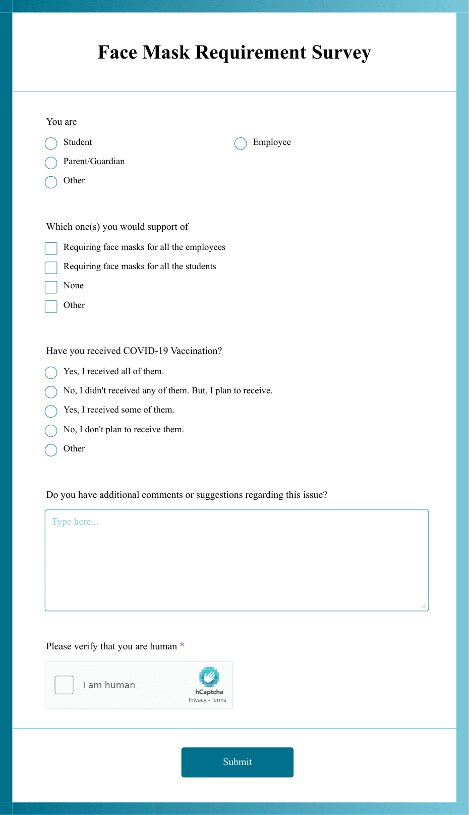 Face Mask Requirement Survey Form Template | Jotform