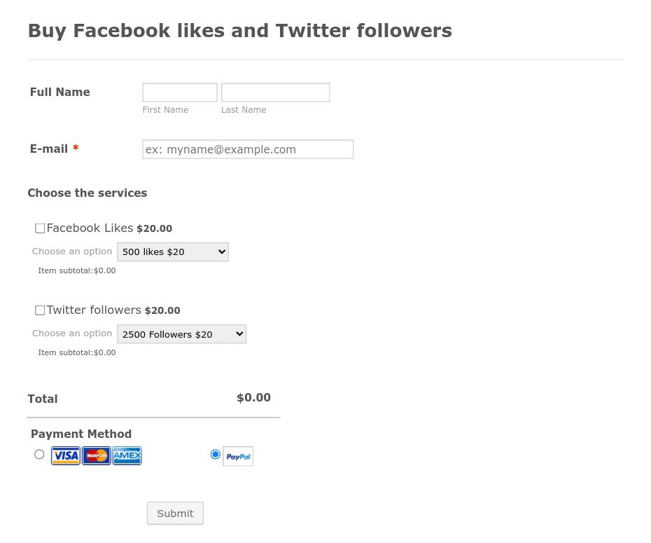 Facebook likes and Twitter followers Order Form Template | Jotform