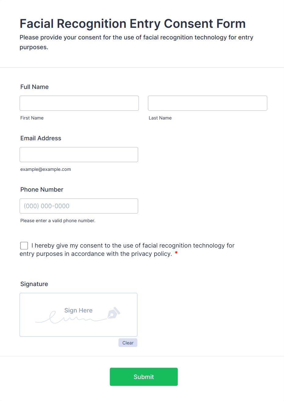 Facial Recognition Entry Consent Form Template | Jotform